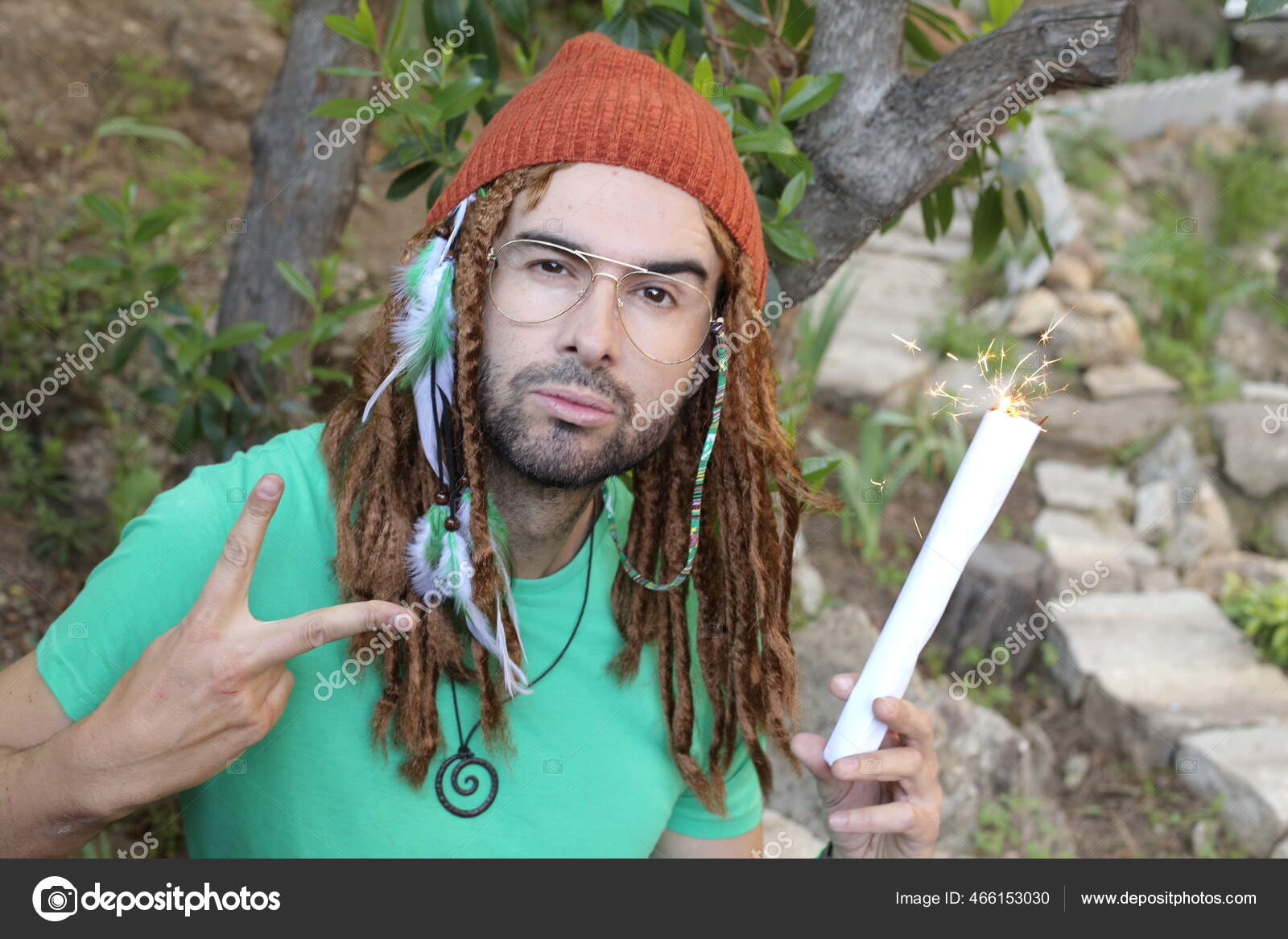 Close Portrait Handsome Young Man Long Dreadlocks Holding Giant Weed ...