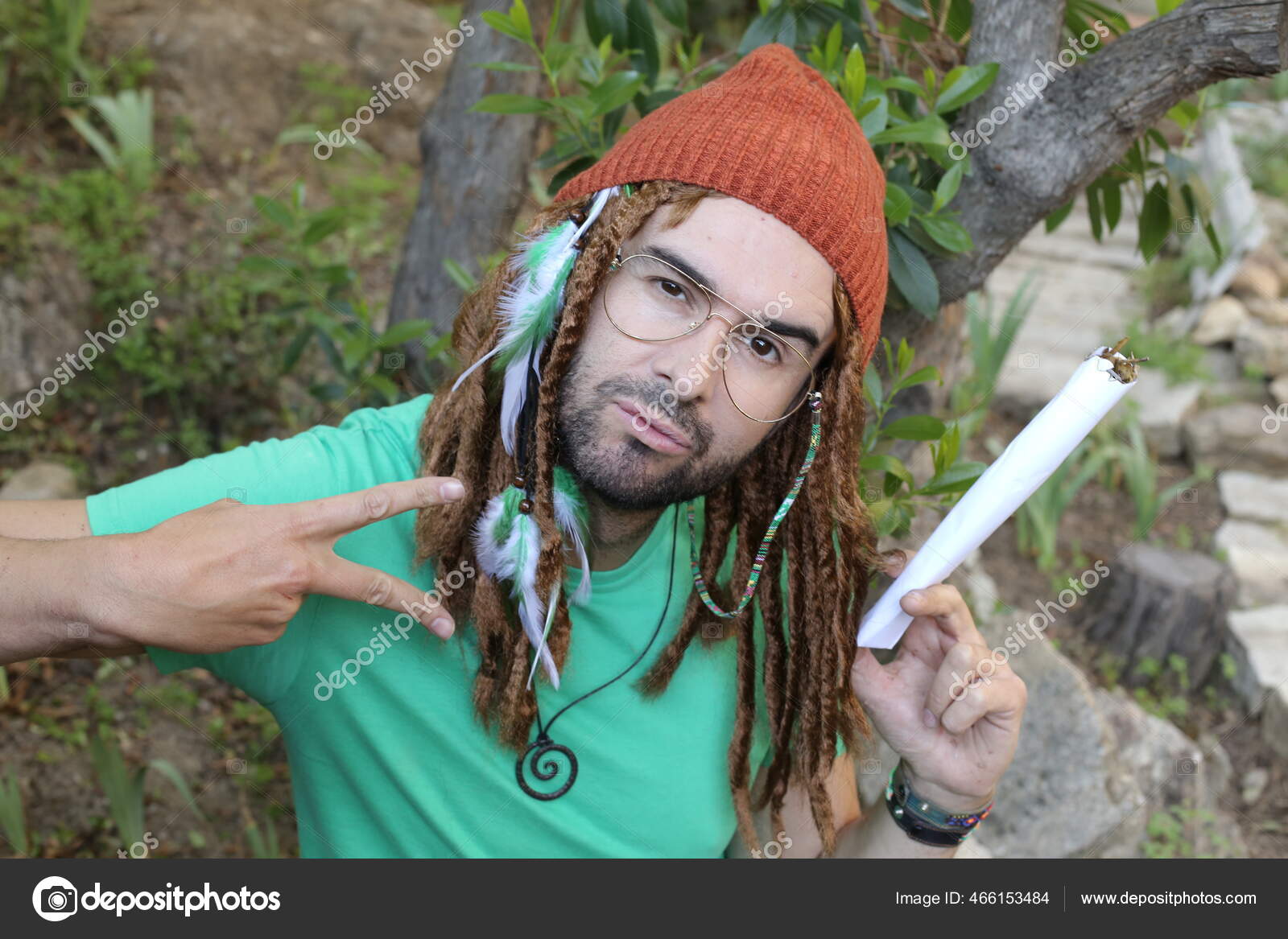 Close Portrait Handsome Young Man Long Dreadlocks Holding Giant Weed ...