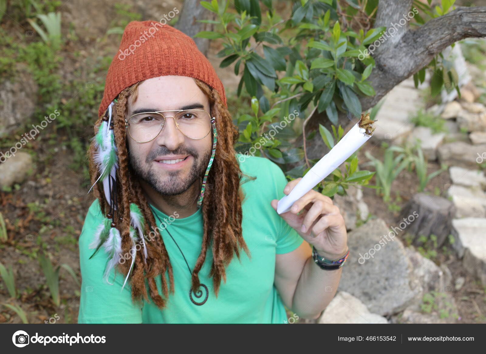 Close Portrait Handsome Young Man Long Dreadlocks Holding Giant Weed ...