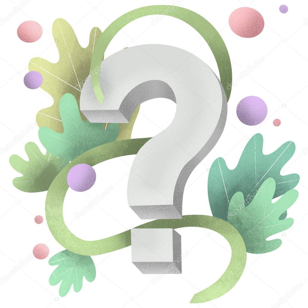 Signo de interrogación ilustración con hojas verdes. Ecología y salvar el problema del planeta ...