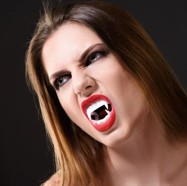 Gothic Woman Showing Vampire Teeth Isolated Black — Stock Photo ...