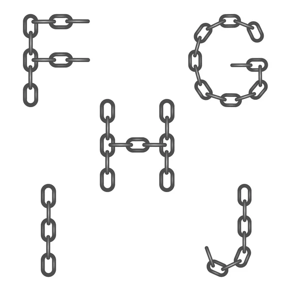 The letters of the alphabet K, L, M, N, O, made of steel iron chains ...