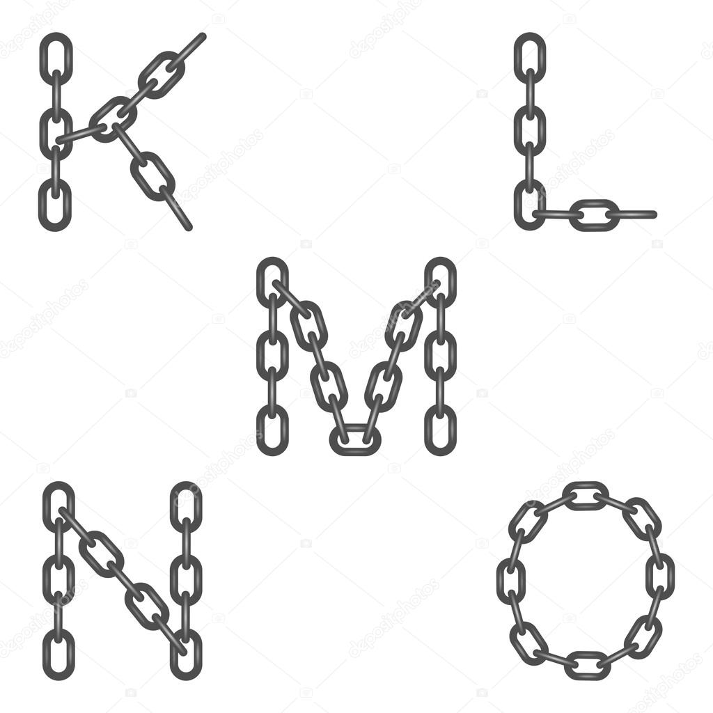 Las letras del alfabeto K, L, M, N, O, hechas de cadenas de hierro de ...