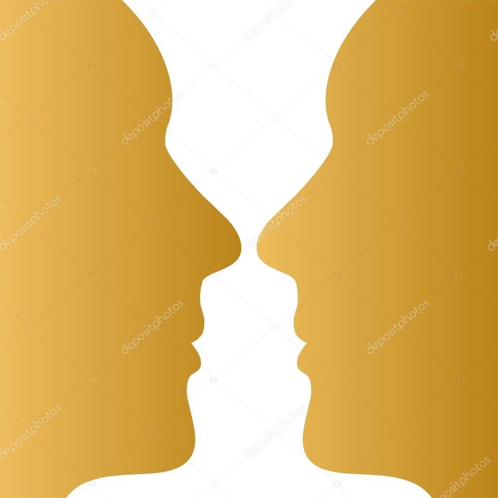 Two gold human faces opposite each other on a white background. White ...