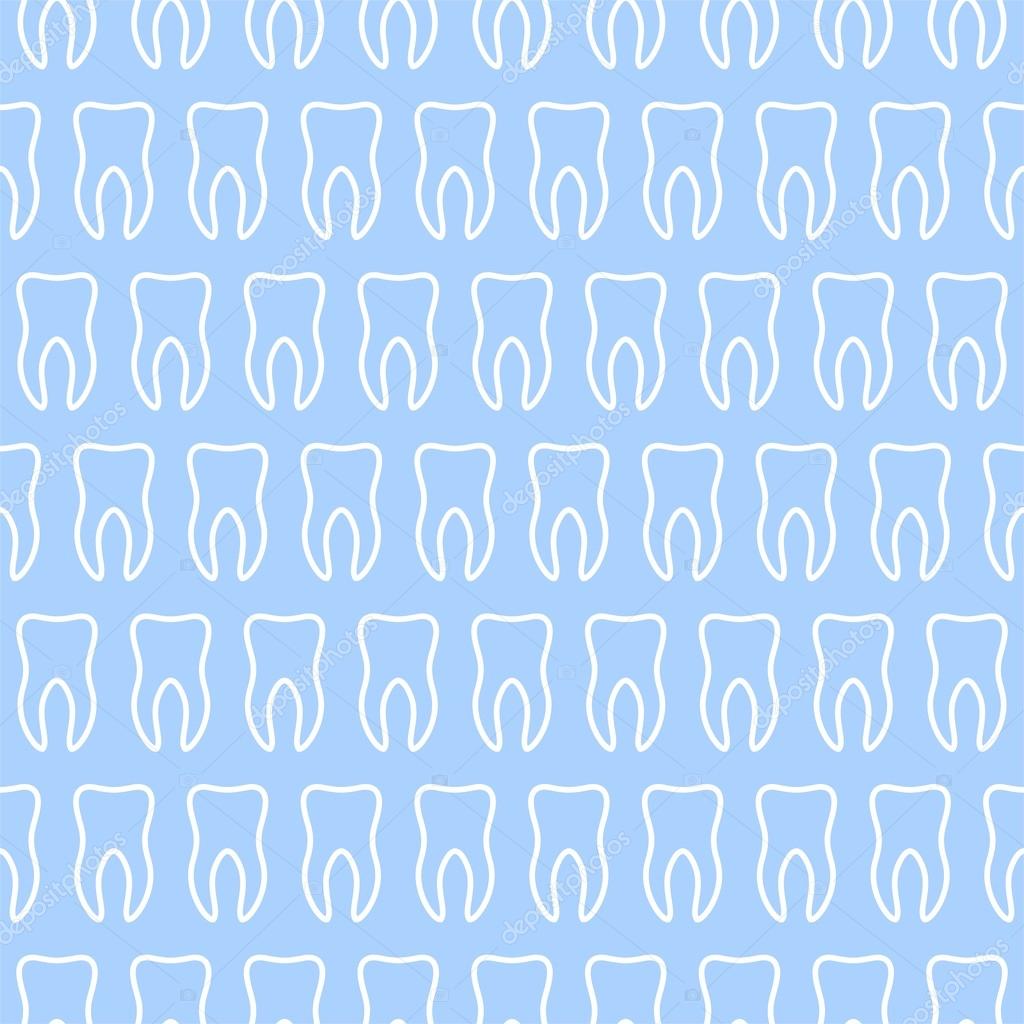 Dental vector background with blue teeth with white contour in a row ...