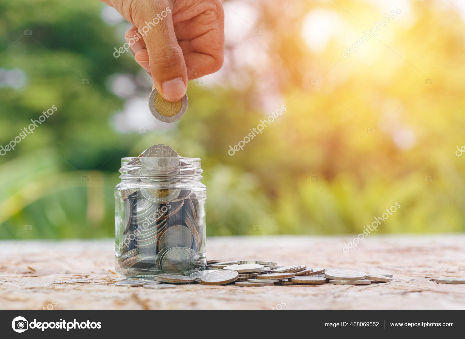 Coins Glass Bottle Put Table Hand Putting Money Coins Nature Stock ...