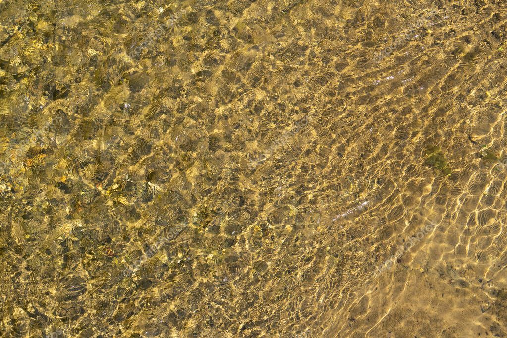 Agua transparente en un río con un fondo rocoso, corriente rápida ...