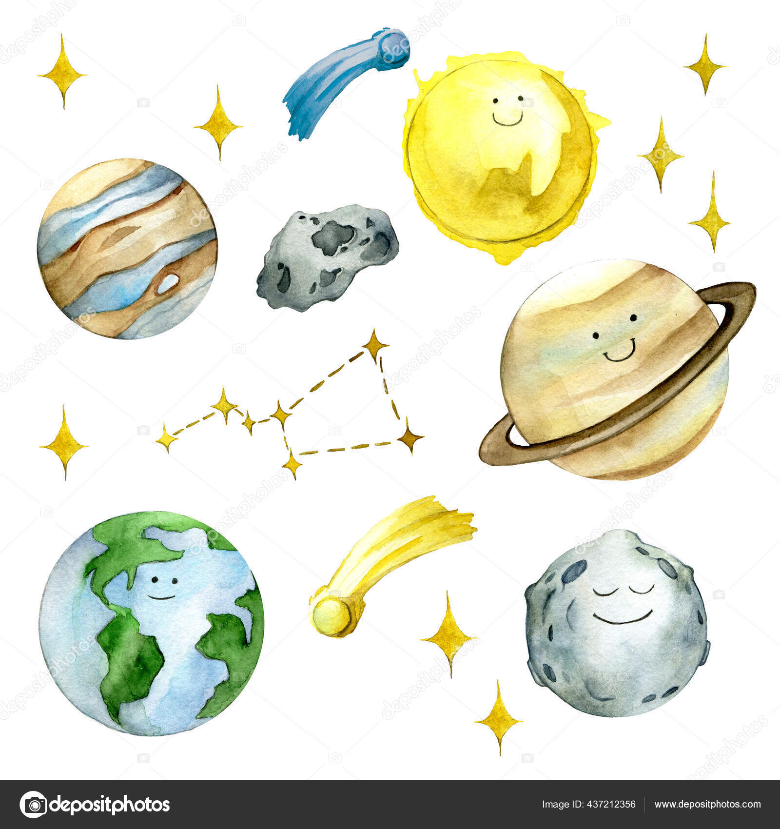 Watercolor Set Collection Space Elements Cute Smiling Planets Earth ...