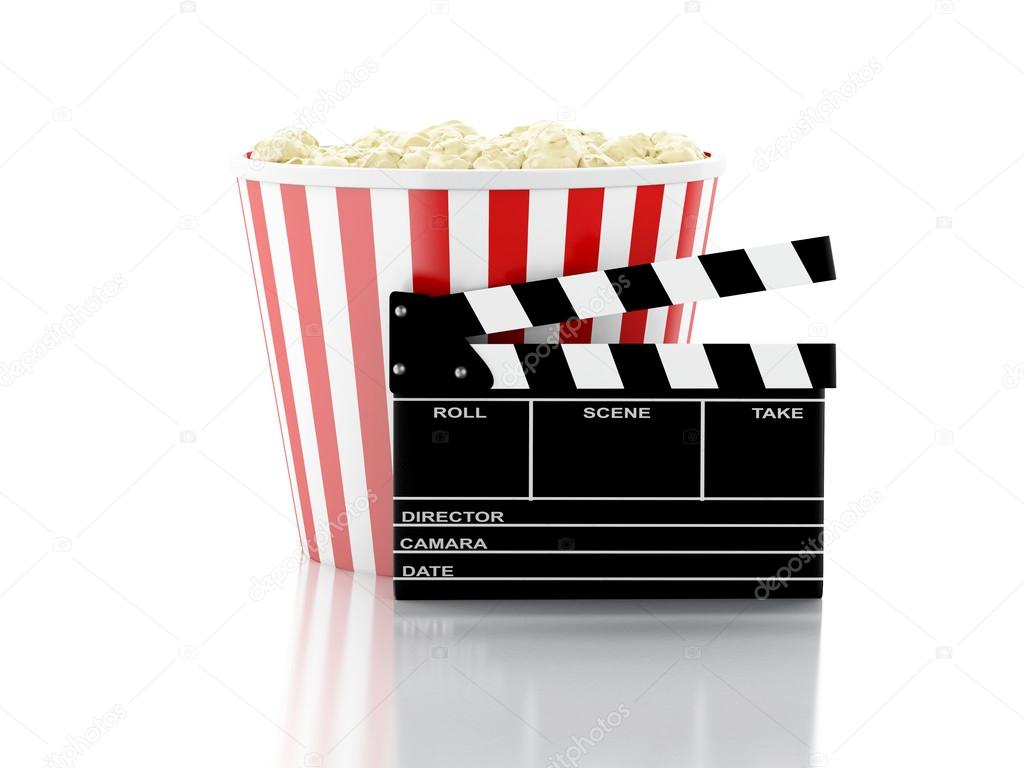 3d cinema clapper and popcorn Stock Photo by ©nicomenijes 57946387