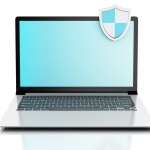 Paper cut Laptop protected with shield icon isolated on grey background ...