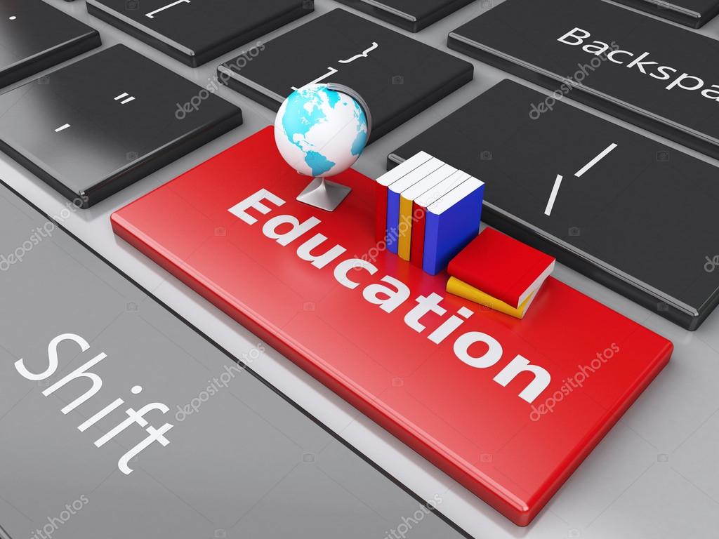 3d books and earth icon on computer keyboard. Education concept ...