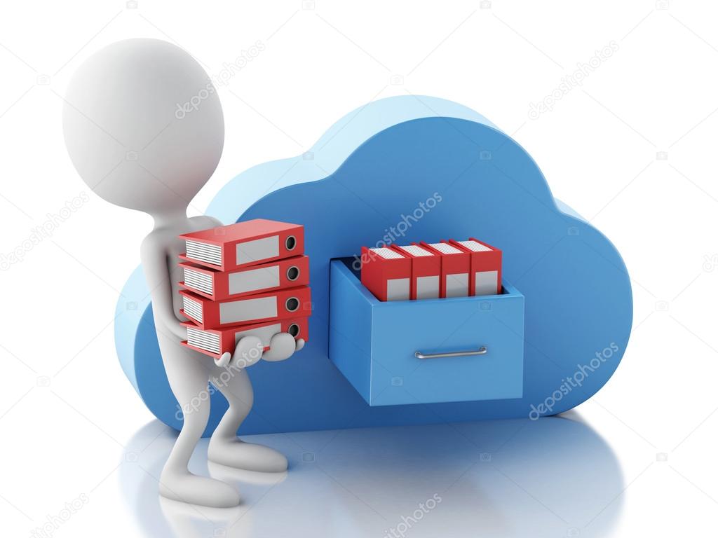3d white people with file storage and cloud. Cloud computing con ...