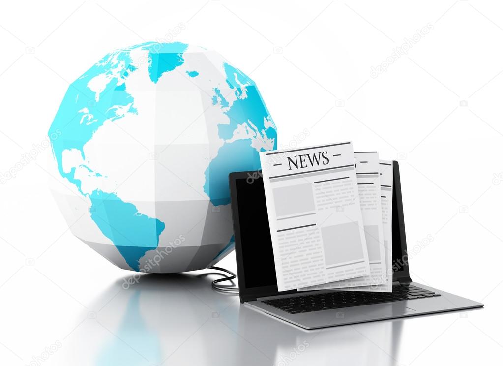 3d Laptop with news and earth globe. Media concept — Stock Photo ...