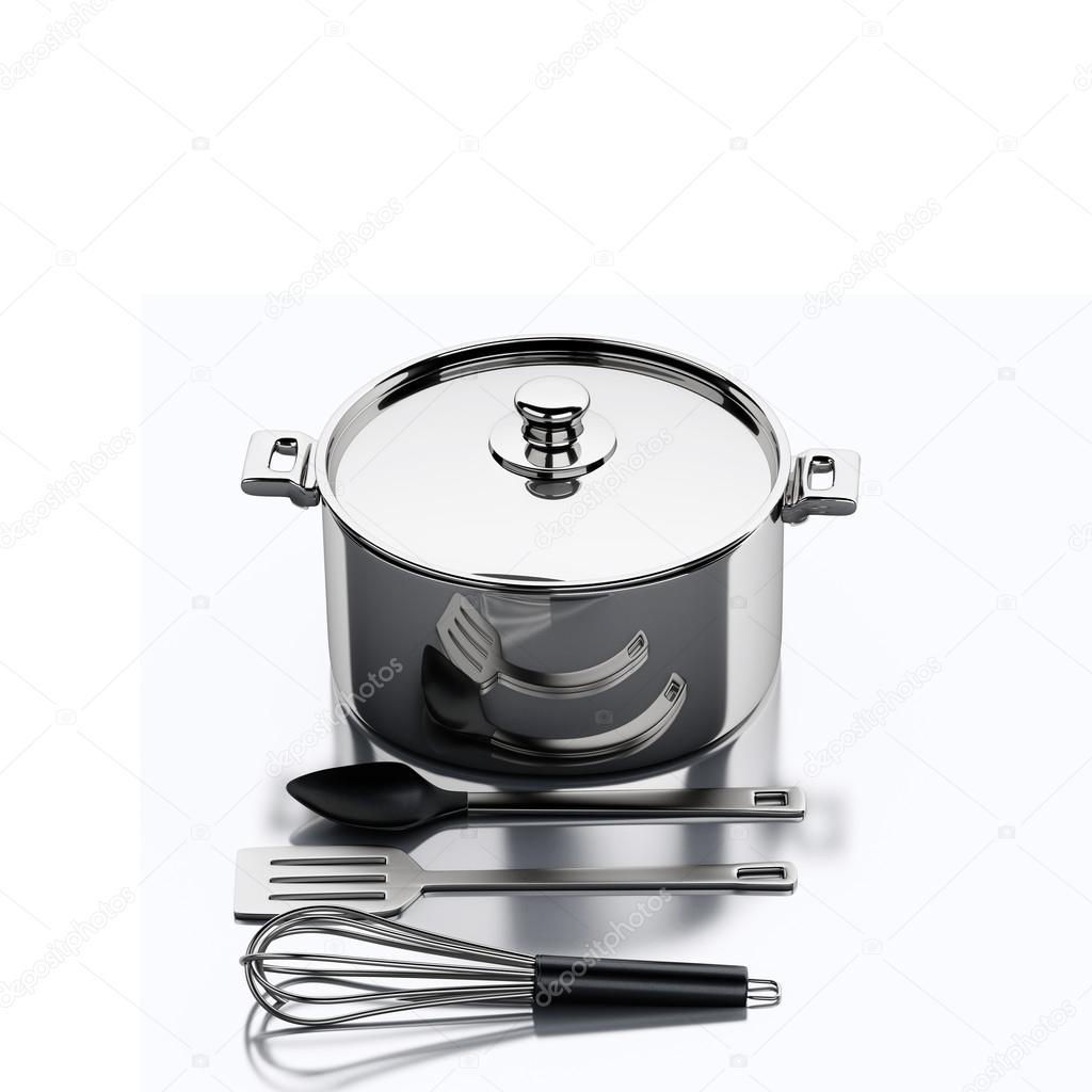 3d Kitchen utensils and metallic pan. Stock Photo by ©nicomenijes 72196075