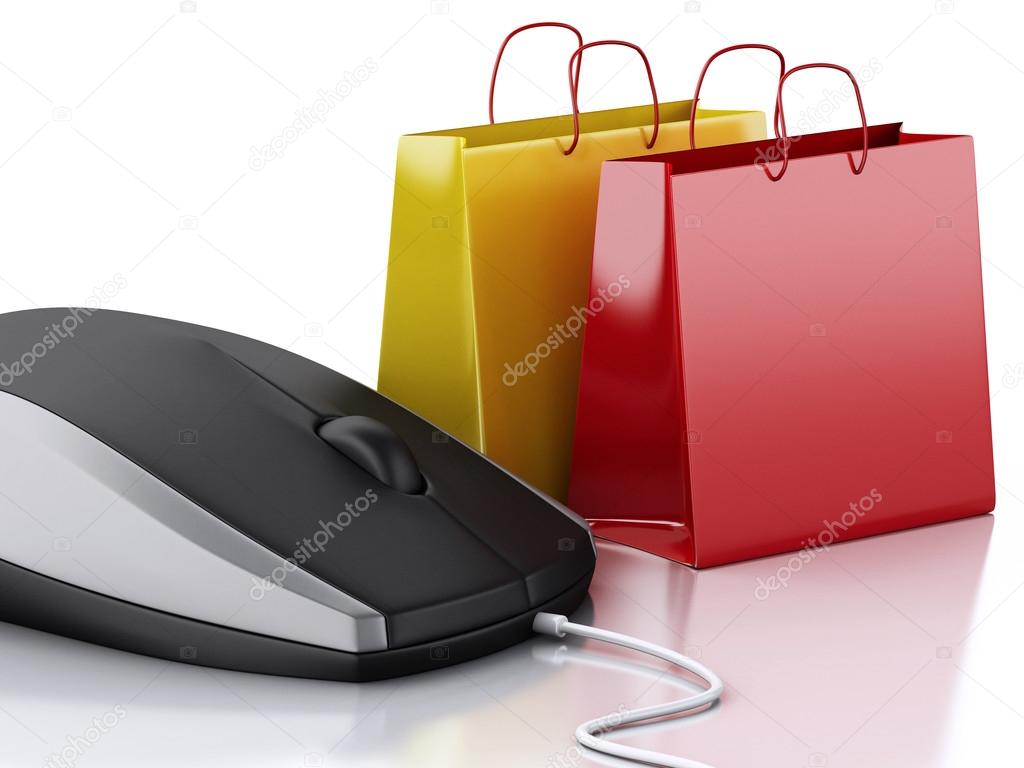 3d computer mouse with shopping bags. E-commerce — Stock Photo ...