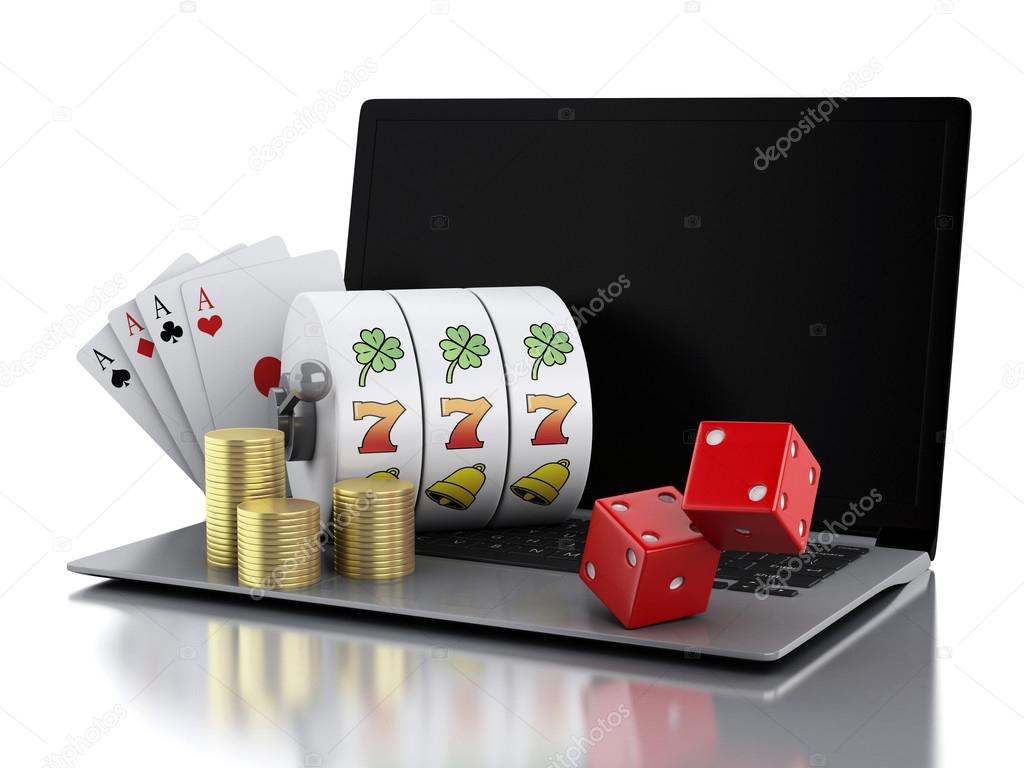 3d Laptop with slot machine, dice, cards and gold coins. Stock Photo by ...