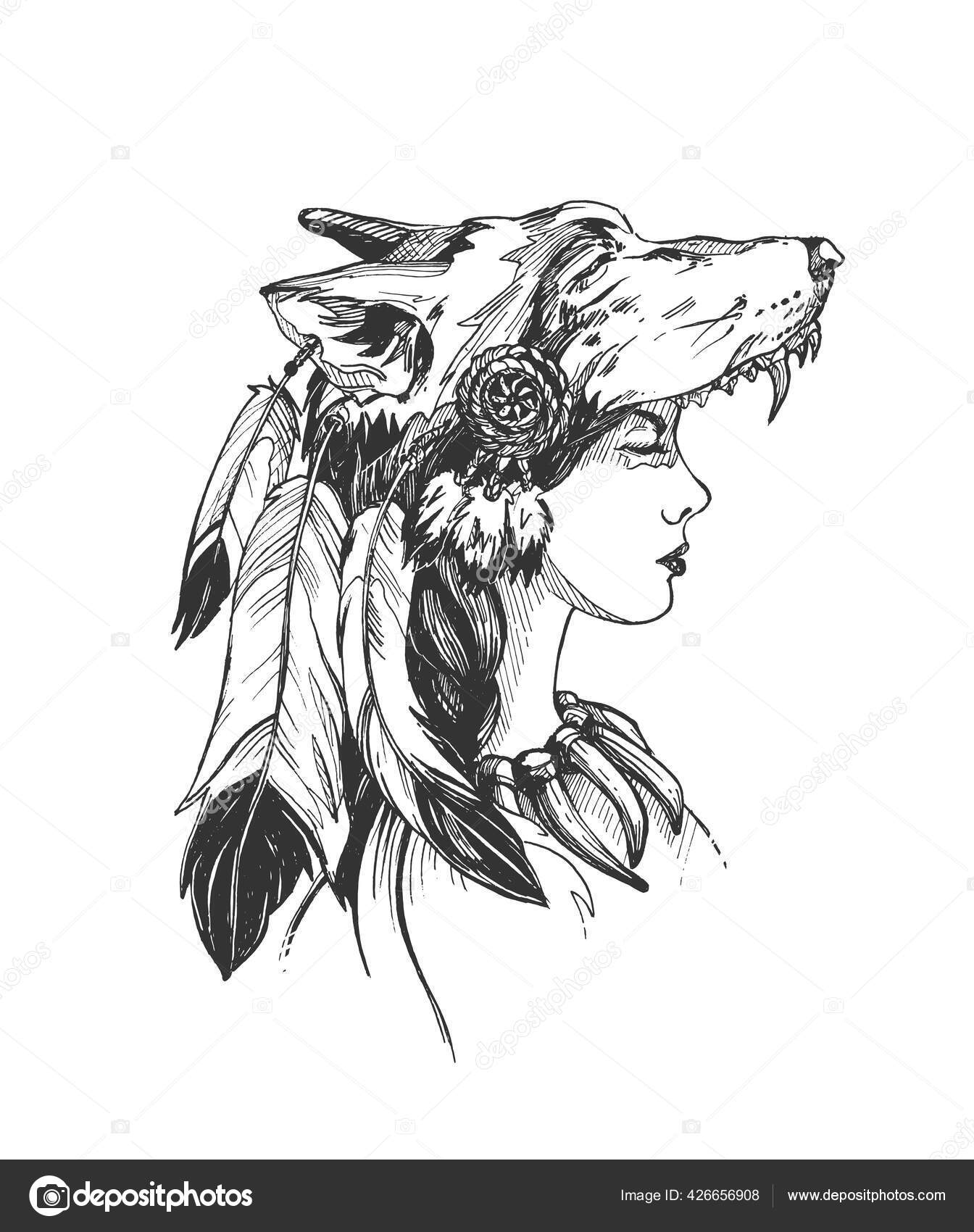 Native American Wolf Headdress Drawing