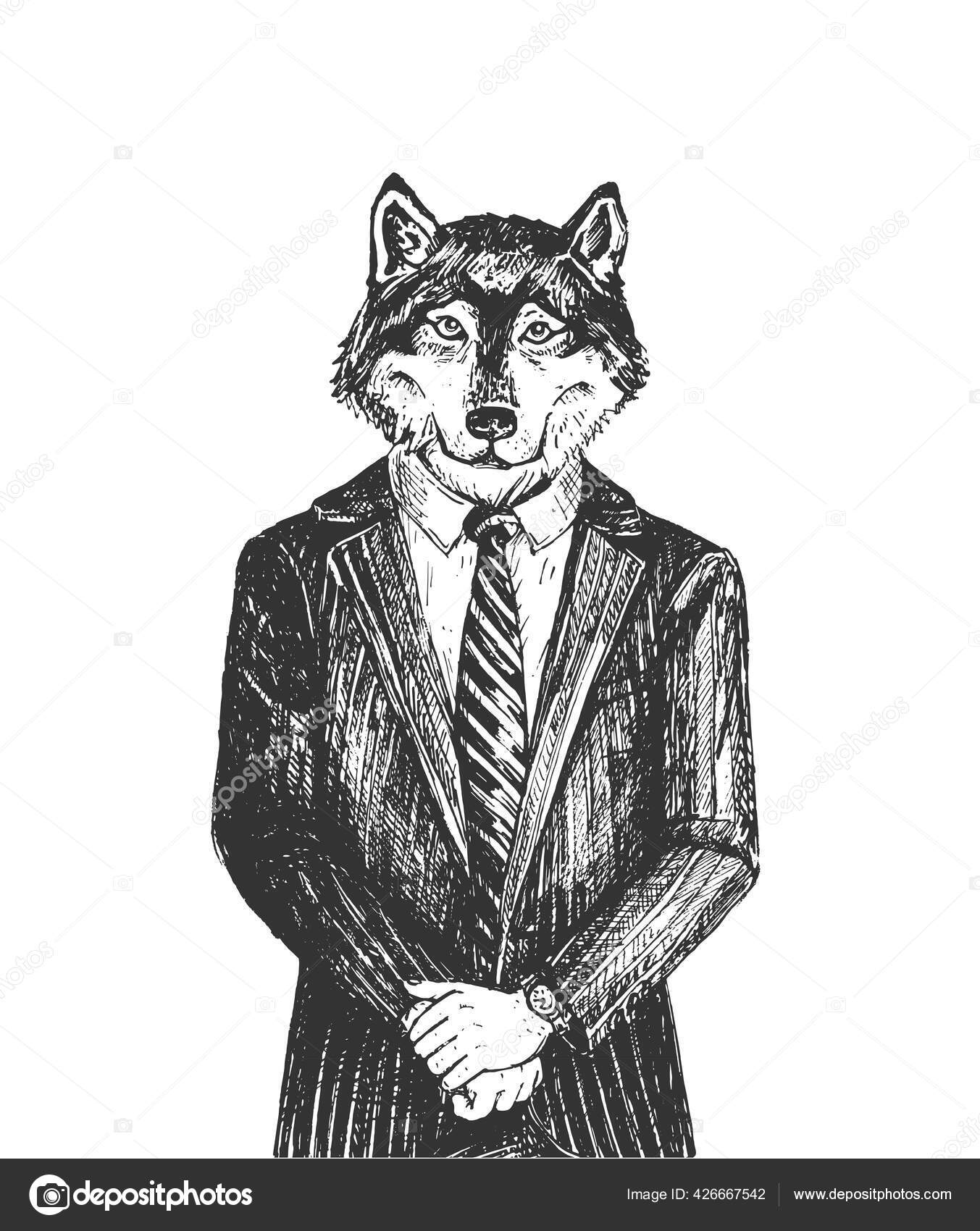 Vector Hand Drawn Illustration Brutal Man Wolf Wall Street Wearing Stock Vector By ©istryistry