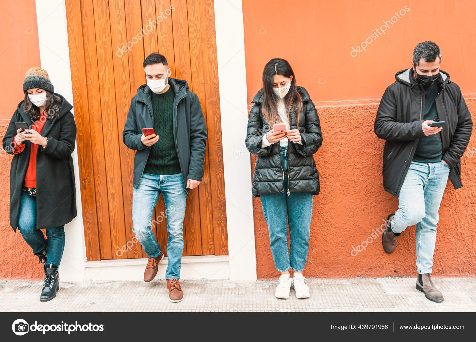 Group People Using Smart Phones Coronavirus Pandemic Protected Face ...