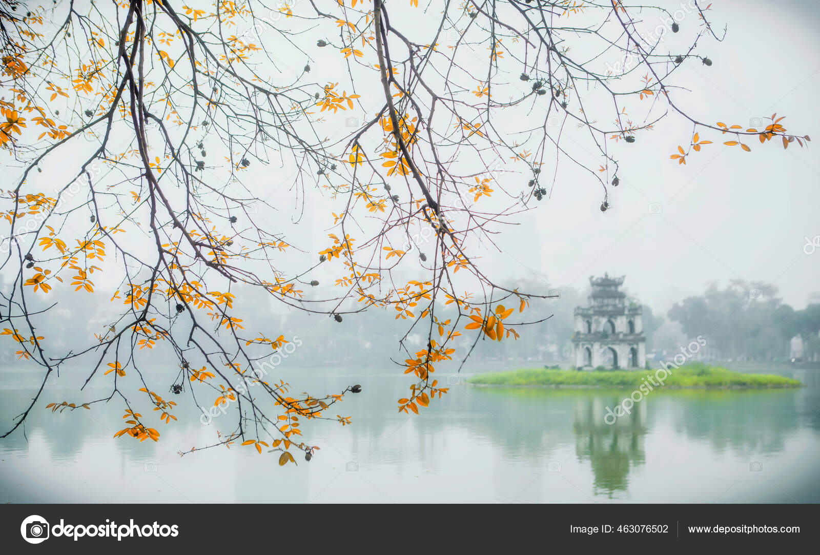 Hoan Kiem Lake Guom Sword Lake Center Hanoi Fog Morning Stock Photo by ...