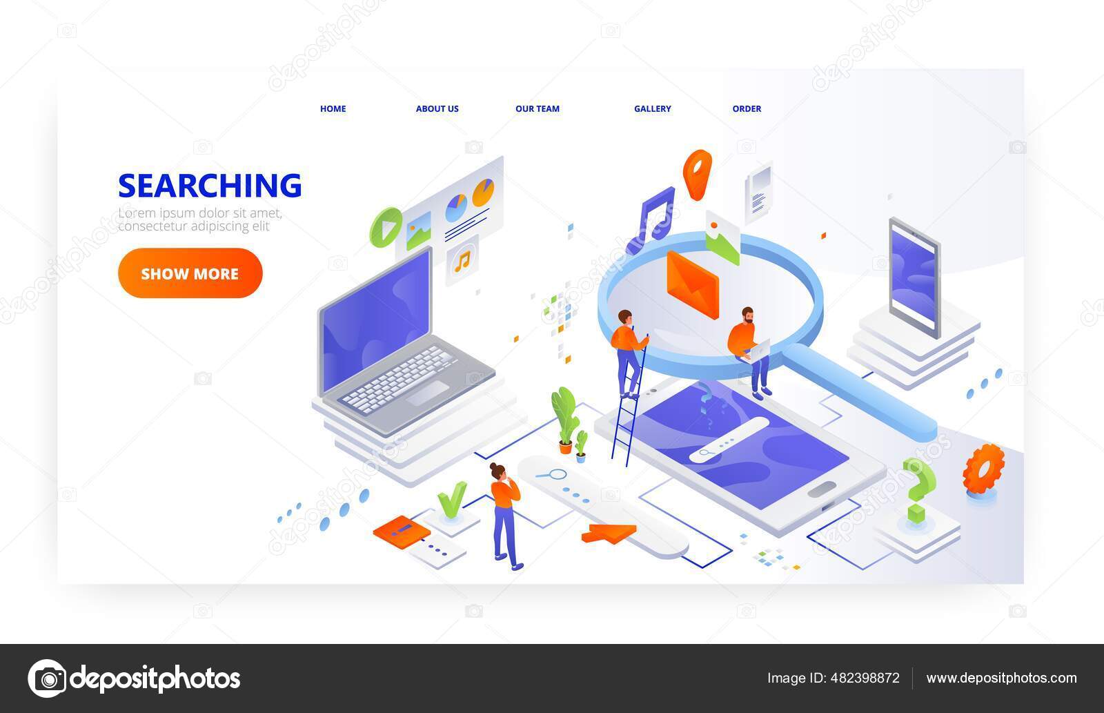 Searching for information landing page design, vector website banner ...