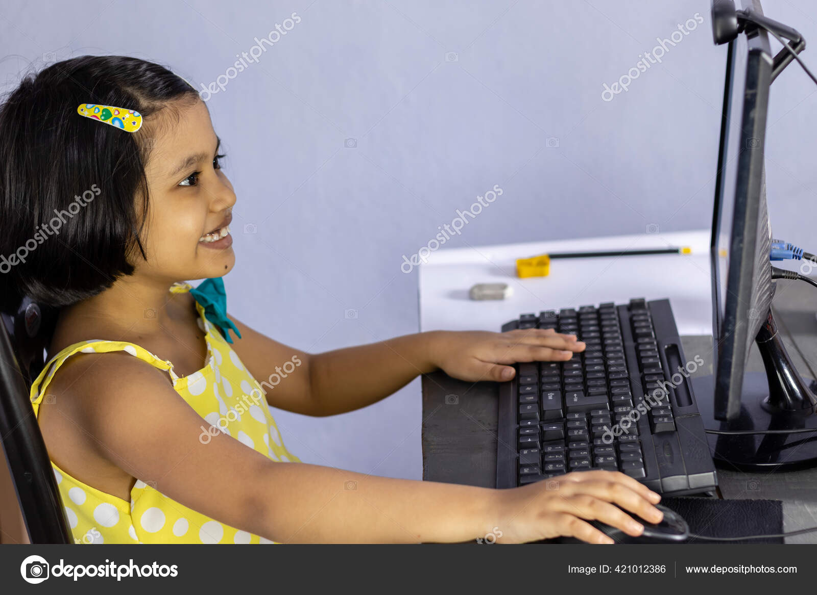 Indian Girl Child Smiling Face Sitting Front Desktop Computer Stock ...