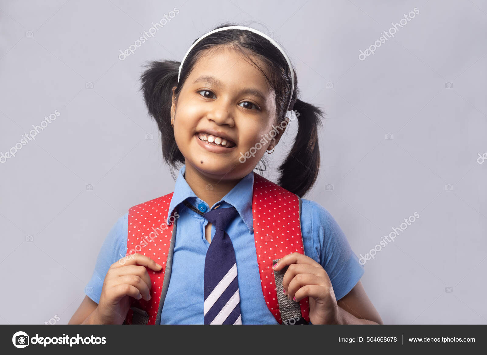Portrait Happy Smiling Indian Girl Child Student Blue School Uniform ...