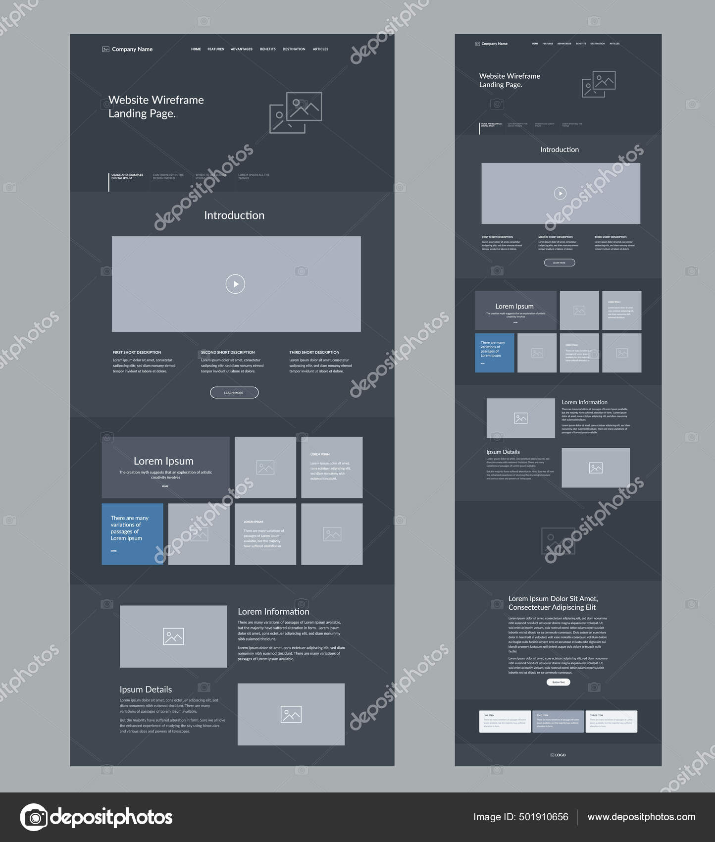 Website Wireframe Landing Page Dark Design Template Business One Page ...
