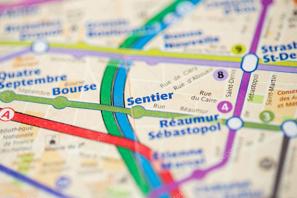 Estación Sentier. Tercera línea. París. Francia en el mapa 2023