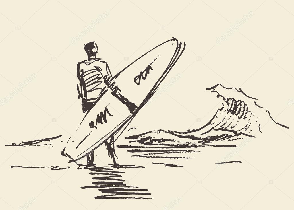 Drawn Man Sitting Beach Surfboard Vector Sketch — Stock Vector © Grop