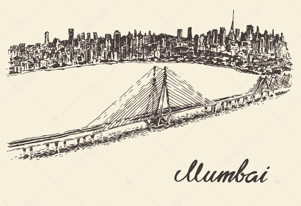 Mumbai skyline vintage vector illustration sketch Stock Vector Image by ...