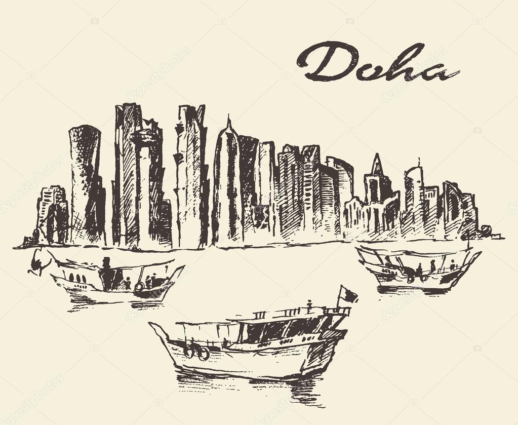 Doha skyline Dhow Qatar illustration drawn sketch — Stock Vector © grop ...
