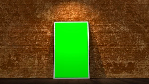 Green screen frame on old brick wall and wooden floor illuminated with ...