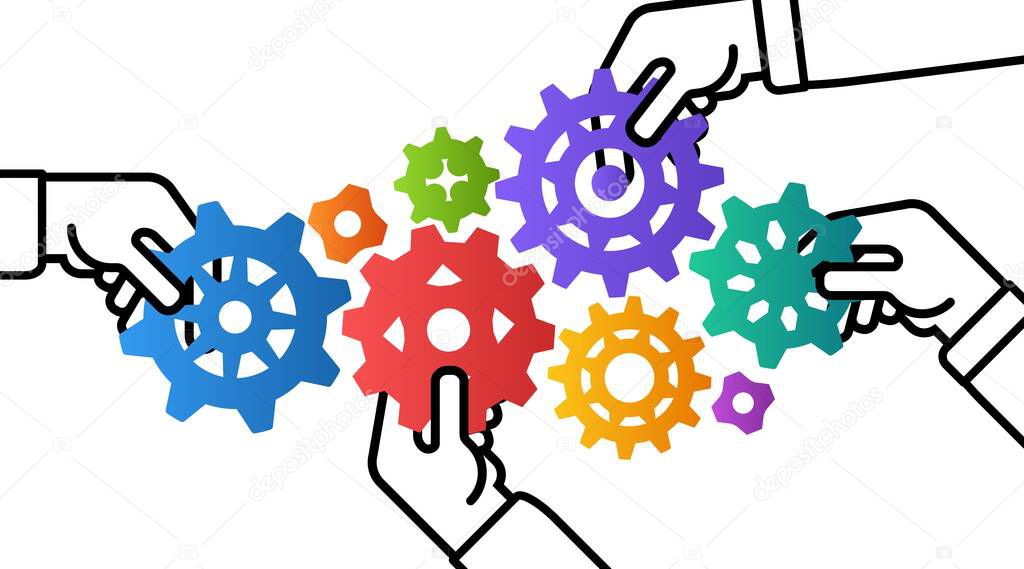 Engranajes en progreso., manos, icono, proceso de estrategia de negocio ...