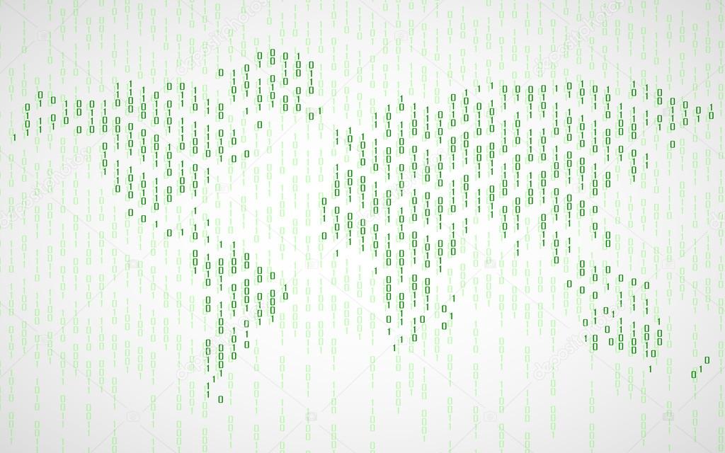 Abstract world map of binary computer code, technology background Stock ...