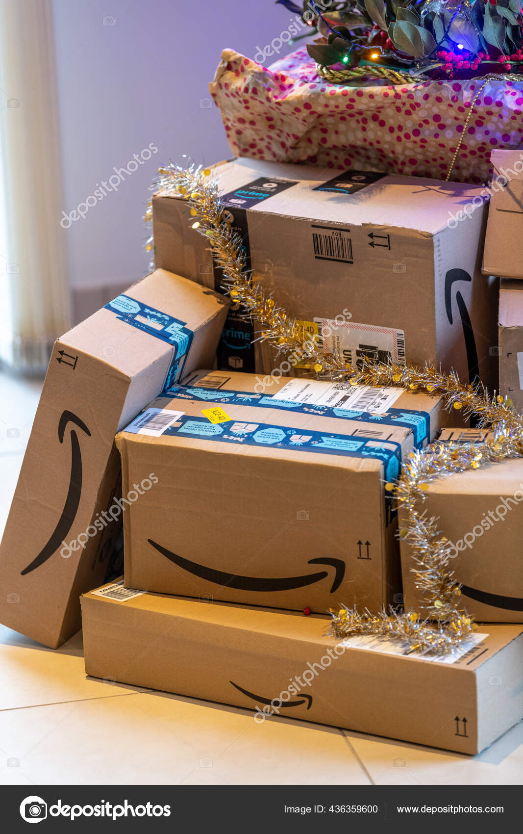 Amazon Packages Deposited Foot Christmas Tree — Stock Editorial Photo ...