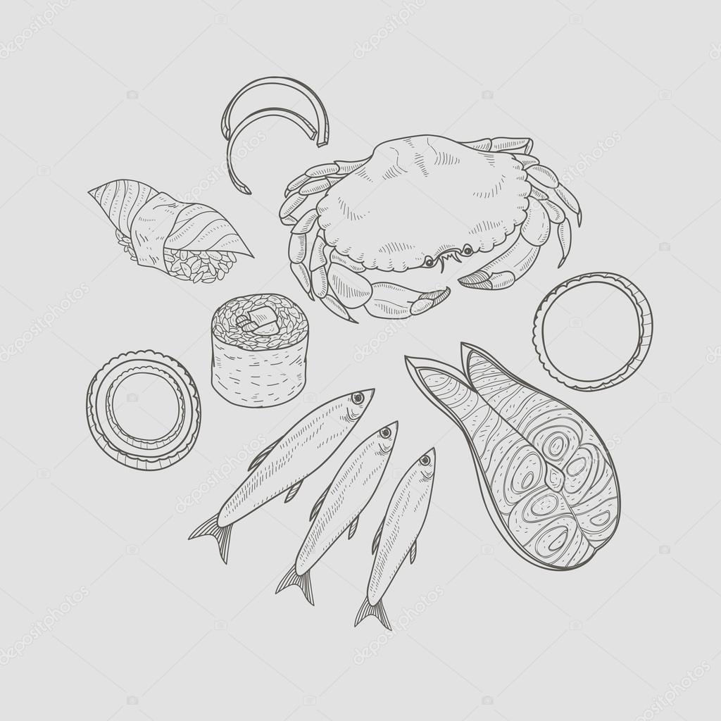 Different seafood line drawing set Stock Vector Image by ©kusuha #95836846