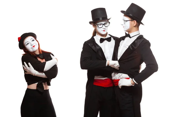 Portrait of two mime artists performing, isolated on white background ...