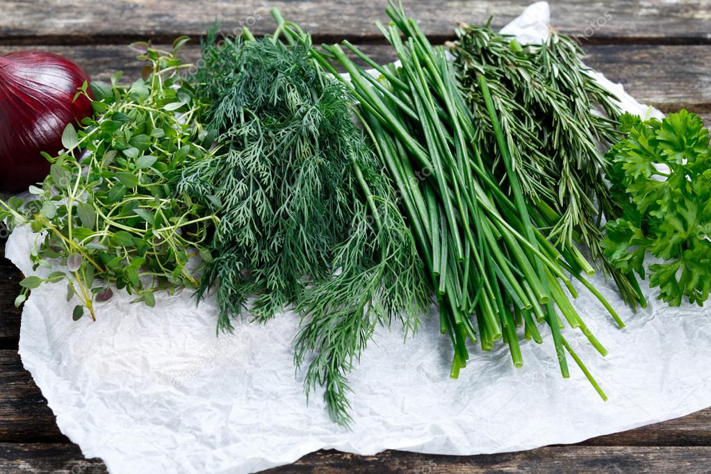 Fresh Green Vegetables herbs. Onion, Dill, Rosemary, Parsley, Chives ...