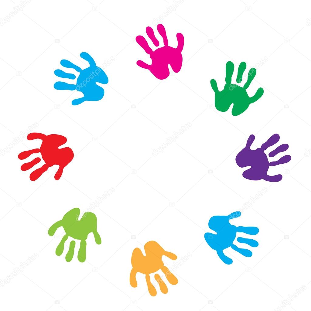 Children hand prints frame. Children's palms on a white background ...