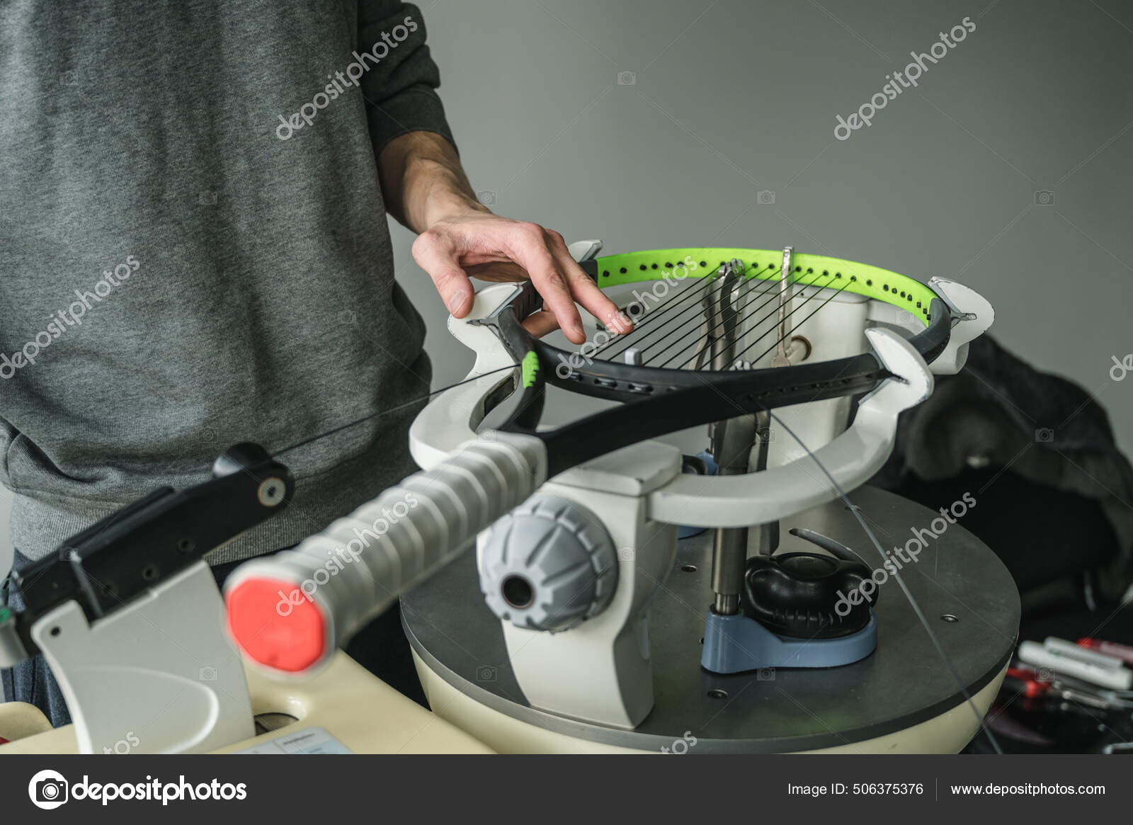 Close Tennis Racket Electronic Stringing Machine Process Replacement ...