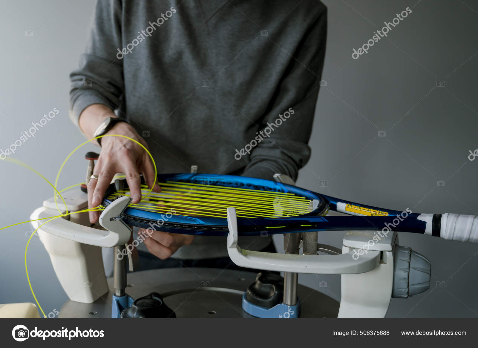 Close Tennis Racket Electronic Stringing Machine Process Replacement ...