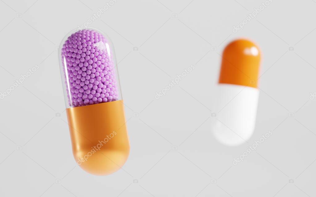 Cápsulas coloridas transparentes con relleno granulado, aisladas sobre ...