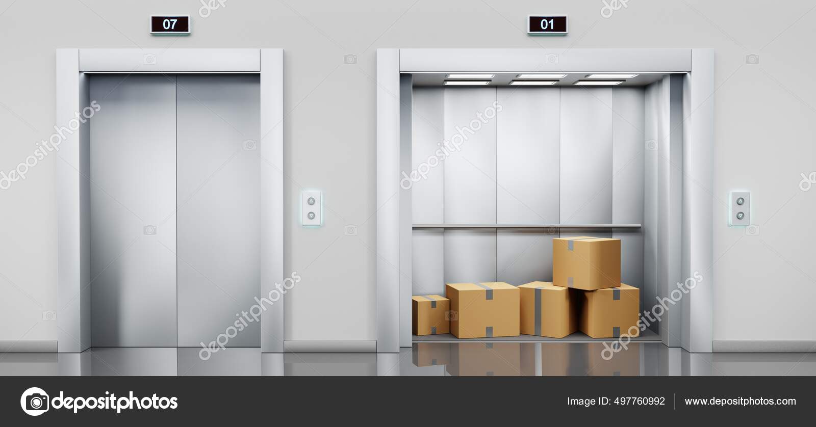 Cargo elevator with cardboard boxes in open cabin and service lift with ...