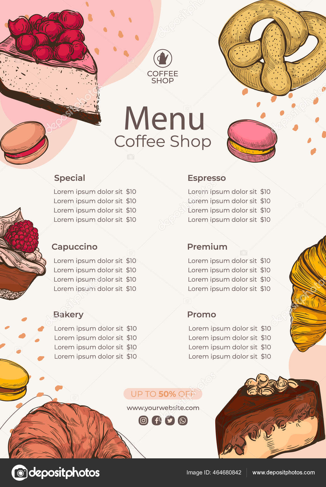 Hand Drawn Sketch Style Bakery Menu Design Different Kinds Pastry Stock ...