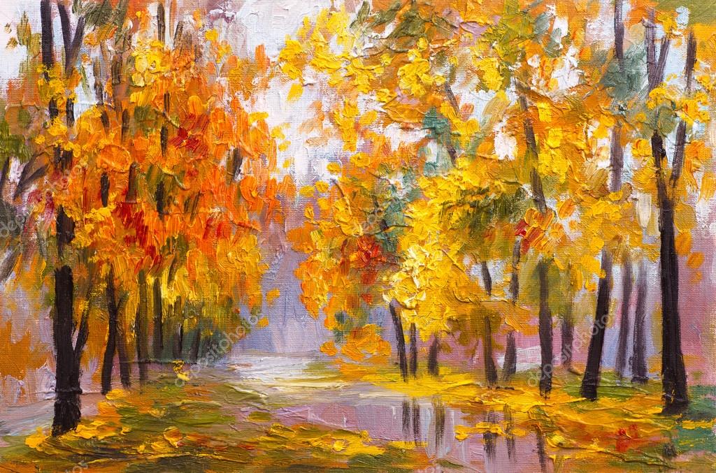Oil painting landscape - autumn forest, full of fallen leaves, colorful ...