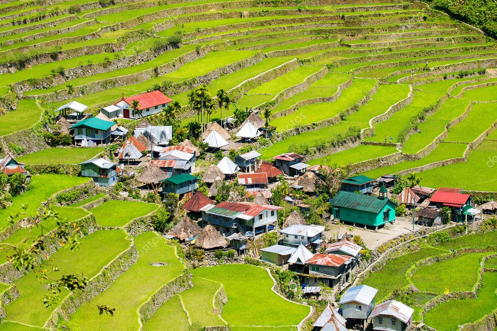 Rice terraces in the Philippines. The village is in a valley amo ...