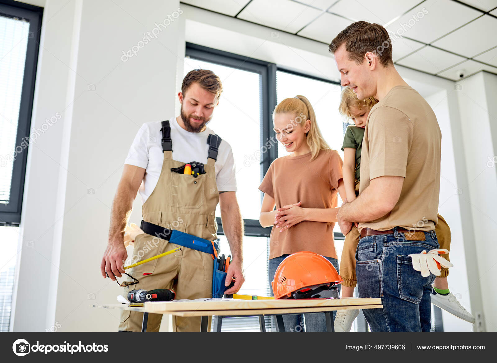 Awesome Family With Kid Boy Having Talk With Friendly Handyman ...