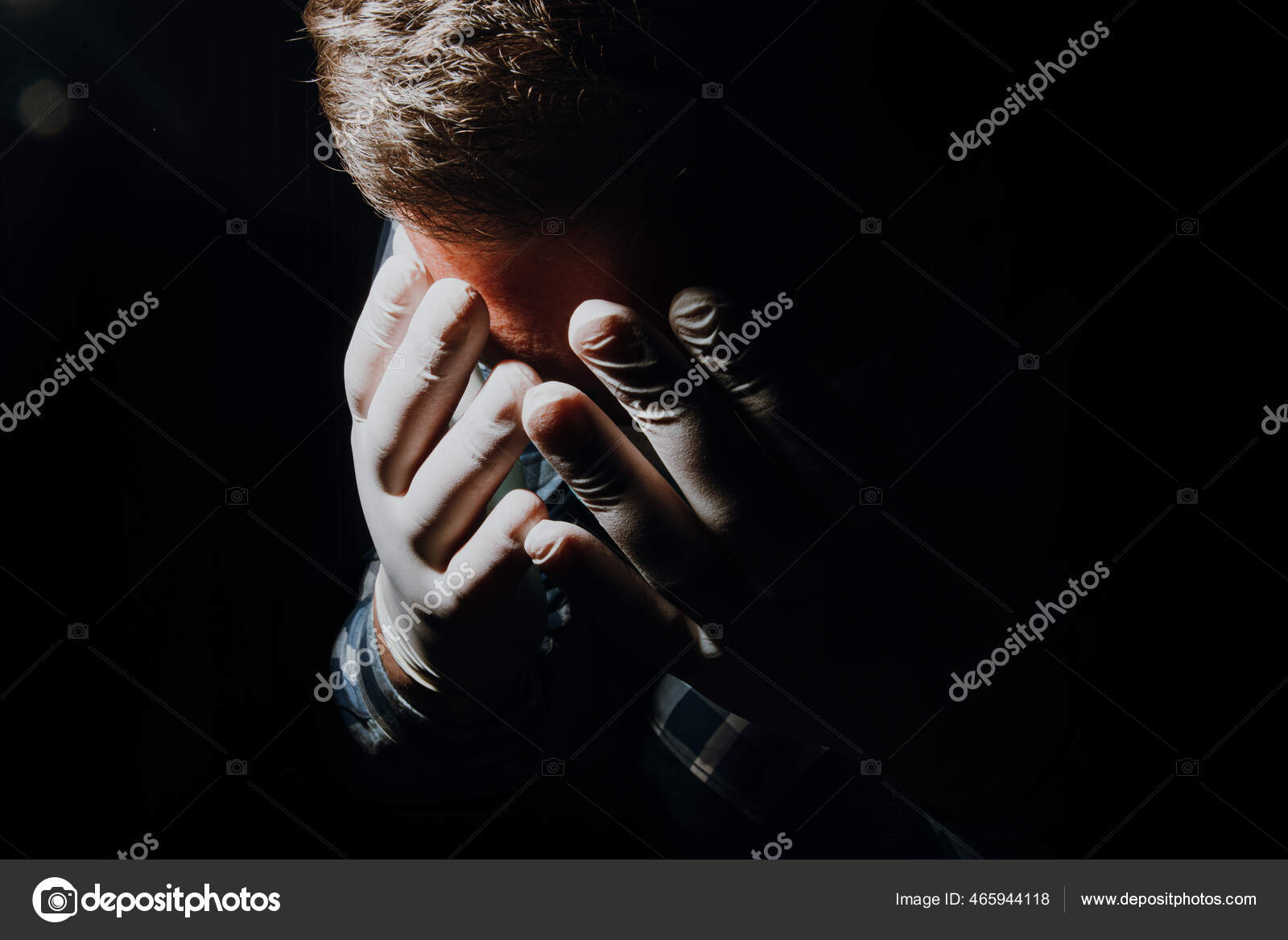 Sad Man Hands Covering Face Depression Sadness Medical Gloves Mask ...