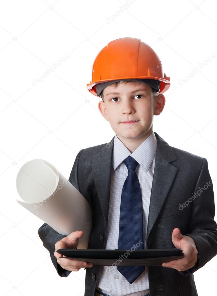 Architect boy with blueprint and tablet pc Stock Photo by ©anrymoscow ...